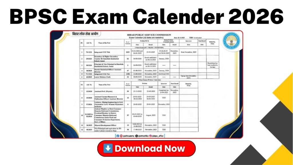 Bpsc Exam Calendar 2026 Bihar Public Service Commission Exam Schedule